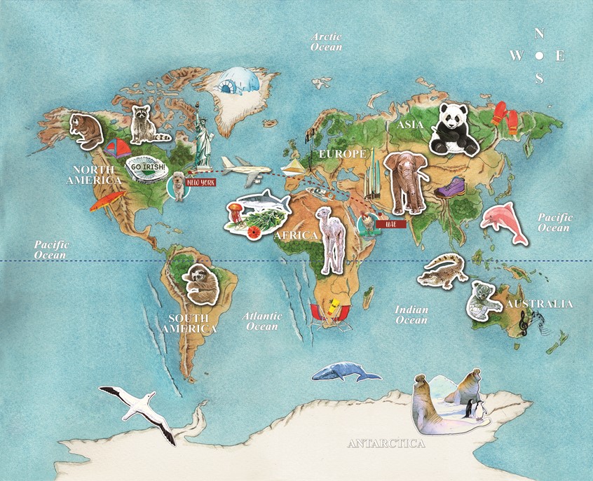 World map with animals and attractions Illustration by Patrizia Donaera ...